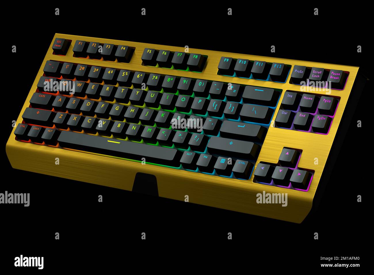 Yellow computer keyboard with rgb colors isolated on black background ...