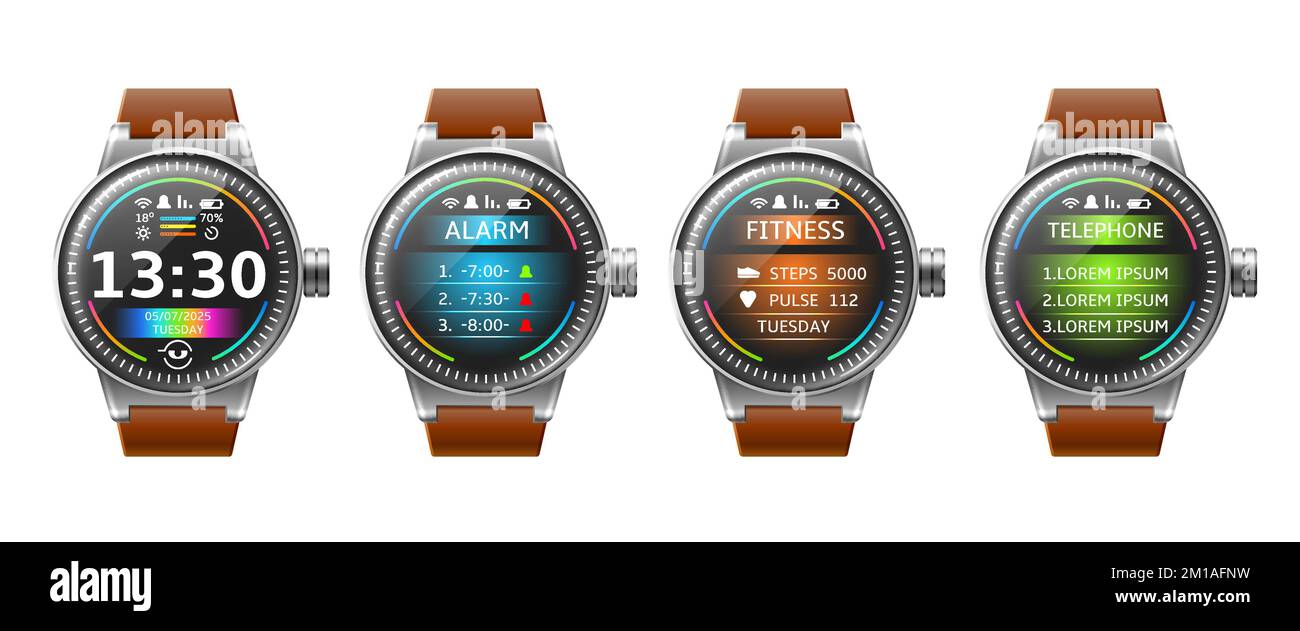 Smart watch screens. Fitness wristband different functions, digital electronic devices, modern ...