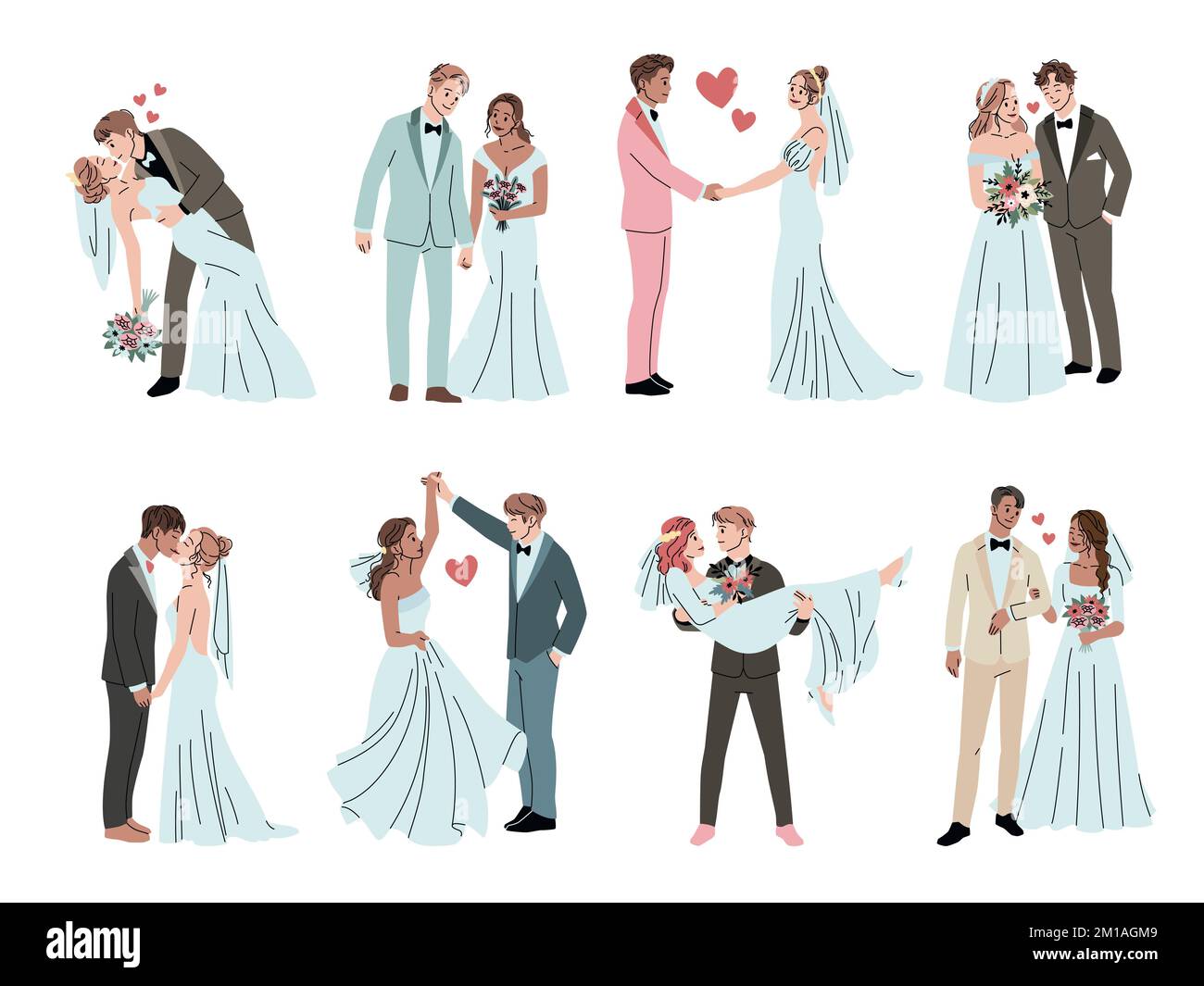 Wedding couples. Cute newlyweds kissing, hugging and dancing, grooms ...