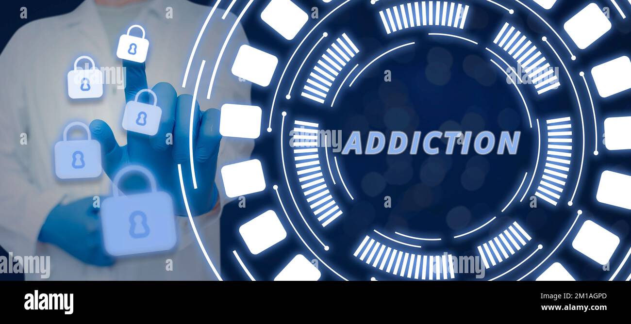 Text sign showing Addiction. Business approach condition of being ...