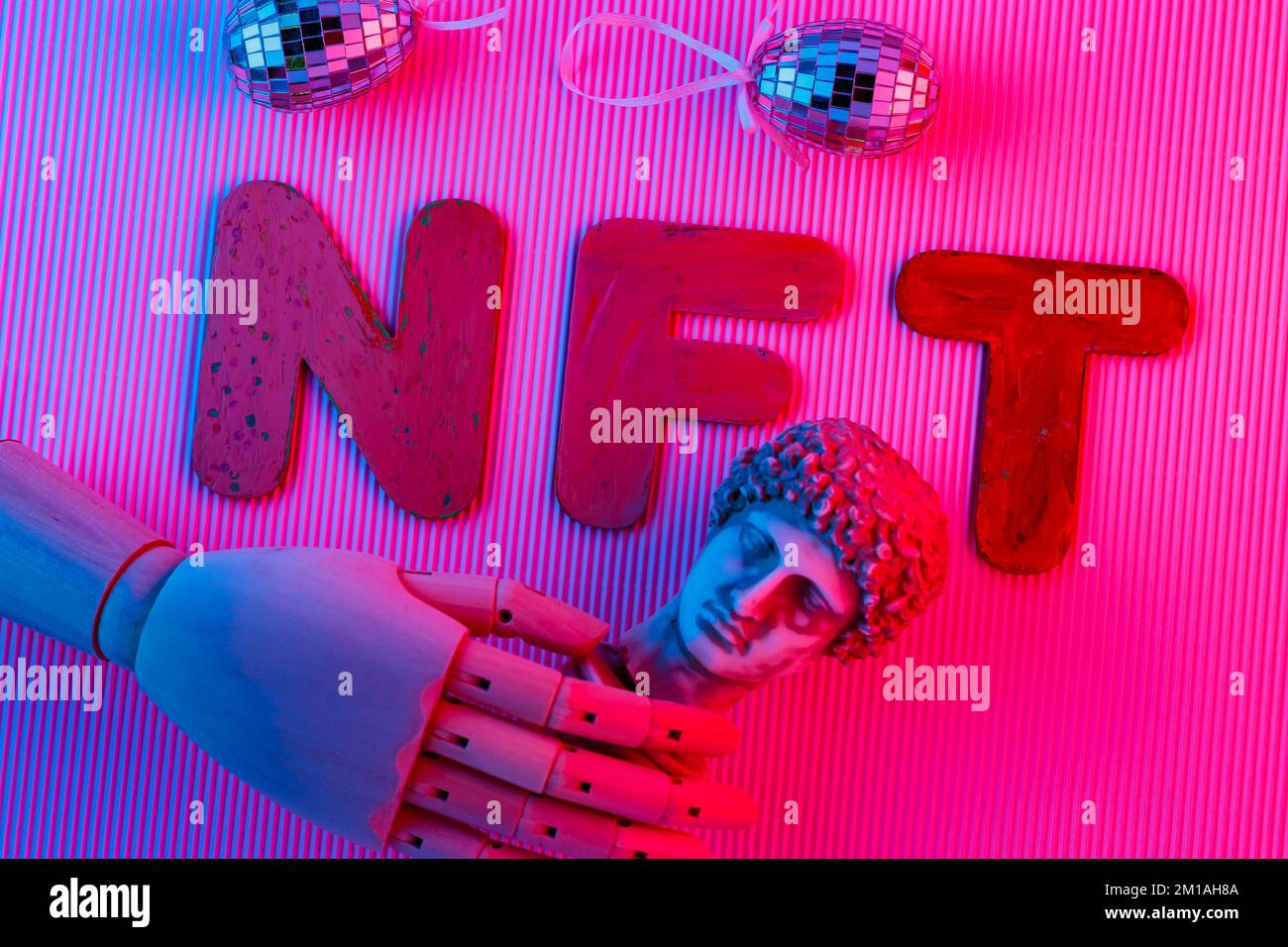 NFT symbol abstract concept in pink neon light. Non-fungible token ...