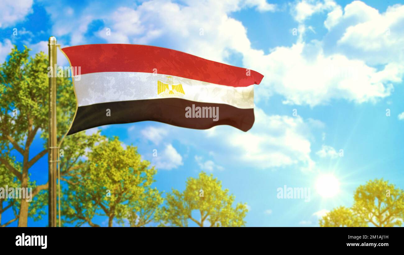 flag of Egypt at sunny day, hour of planet symbol - nature 3D rendering ...