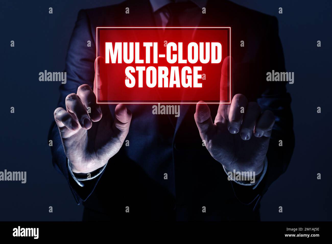 Text caption presenting Multi Cloud Storage. Business overview use of multiple cloud computing ...