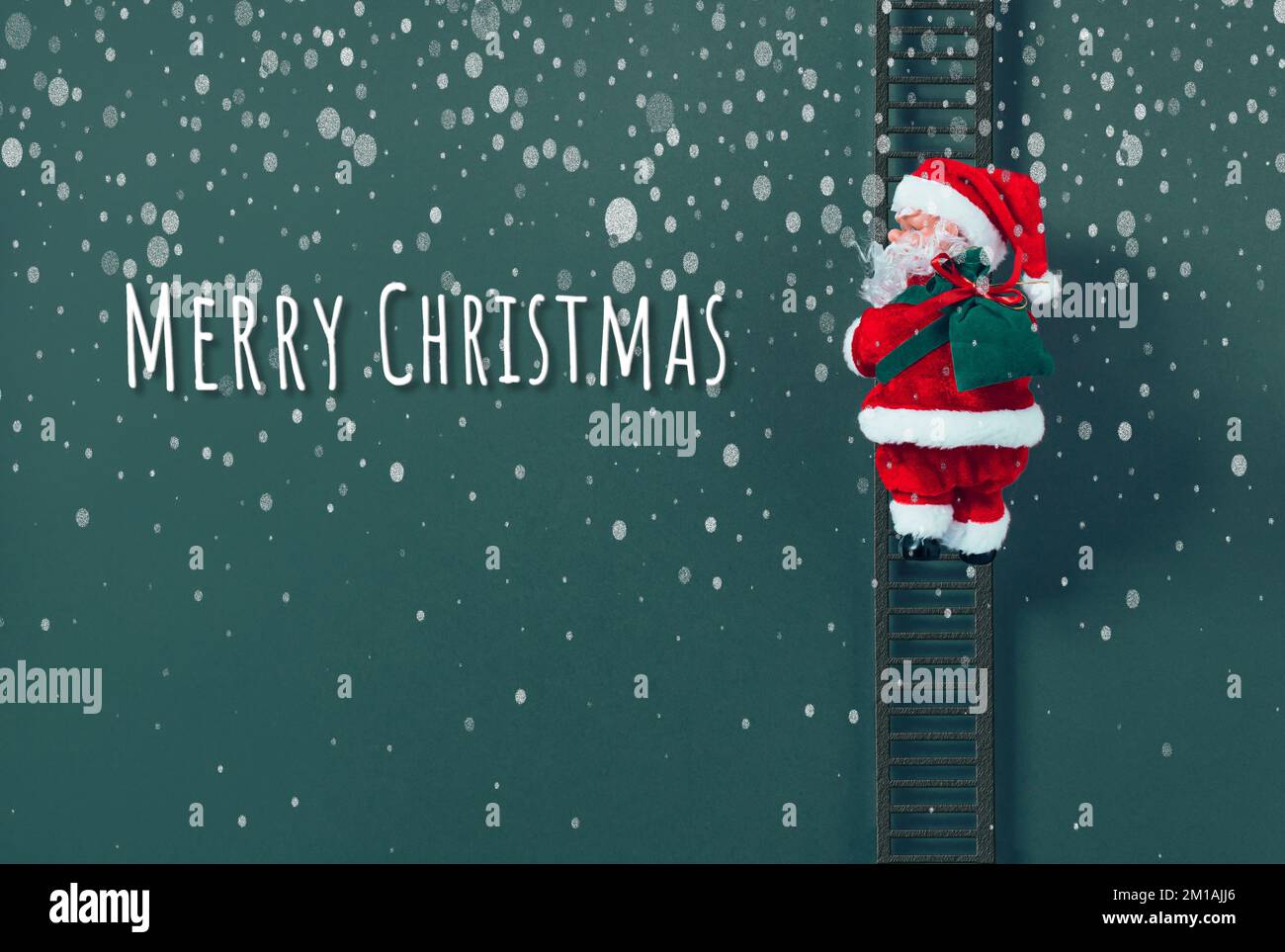 A 3D rendering of Santa Claus on a ladder with a sack delivering the ...