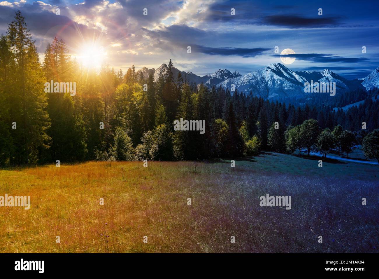 carpathian mountain landscape at summer twilight. day and night time ...