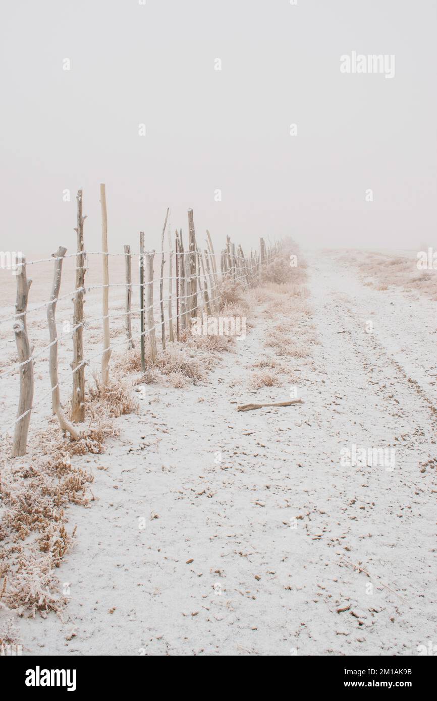 Fence Leading Off onto the Cold Foggy Winter Morning Mist Stock Photo ...