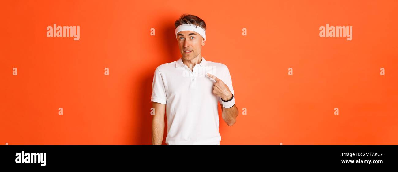 Concept of sport, fitness and lifestyle. Portrait of confused middle ...