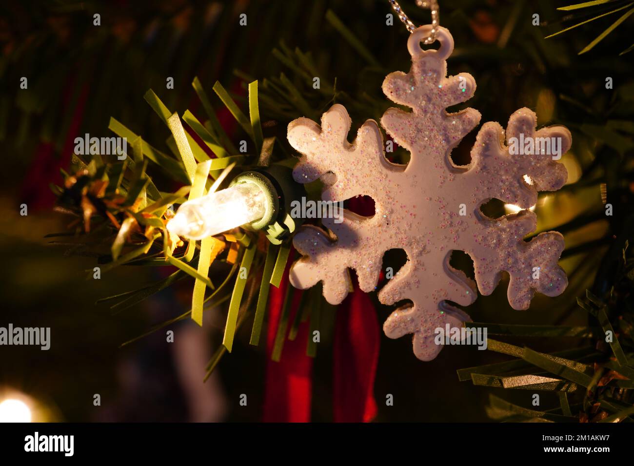 Christmas tree decorations and ornaments close up in macro showing the ...