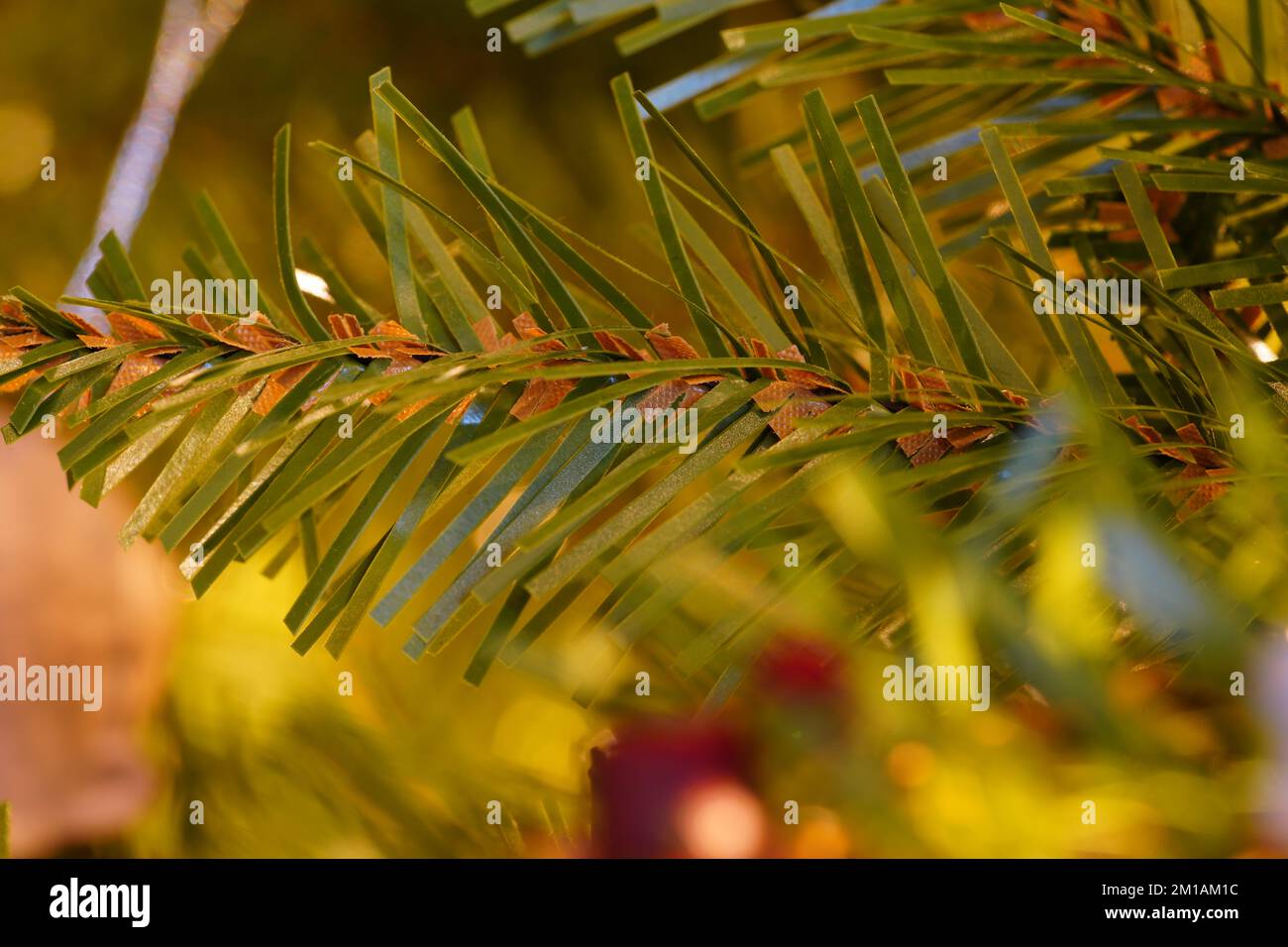 Christmas tree decorations and ornaments close up in macro showing the ...