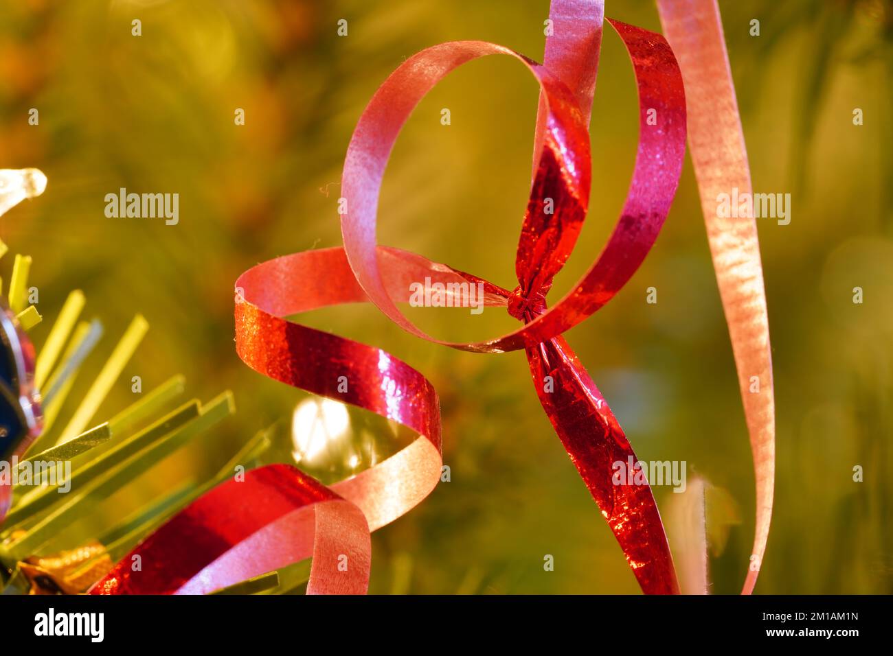 Christmas tree decorations and ornaments close up in macro showing the ...