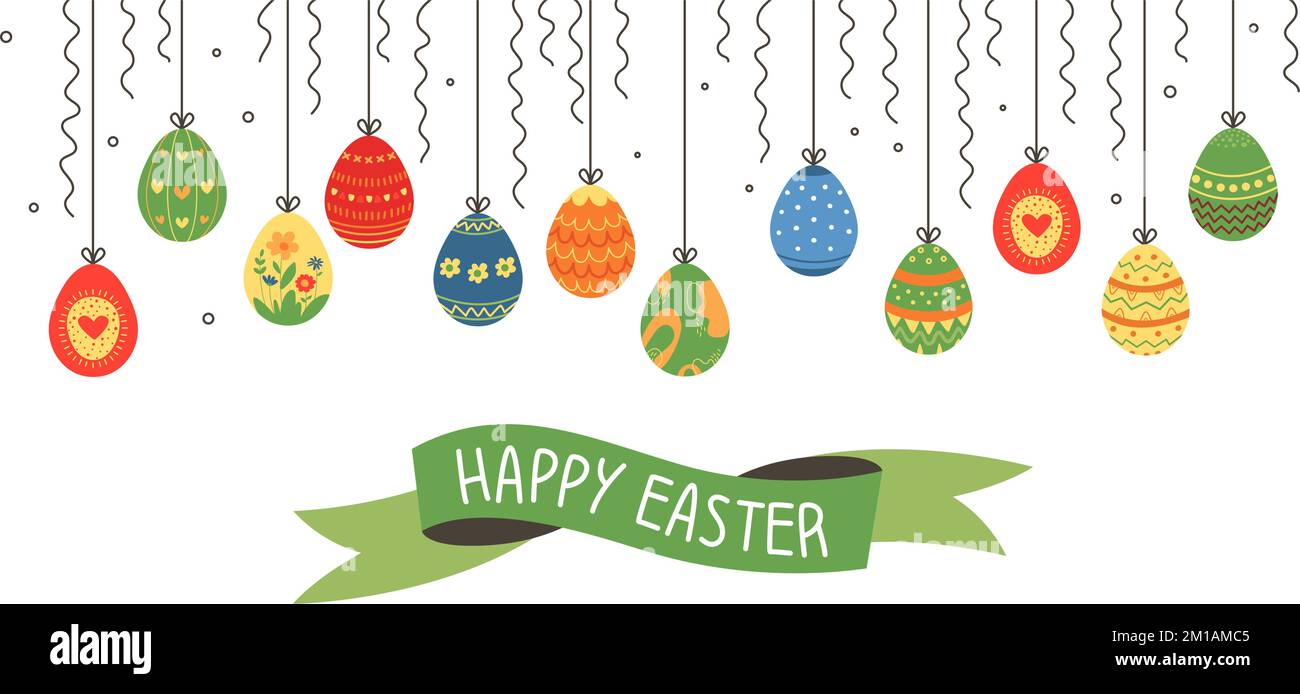 Easter hanging eggs spring banner. Decorative seasonal festive background. Happy holidays classy ...