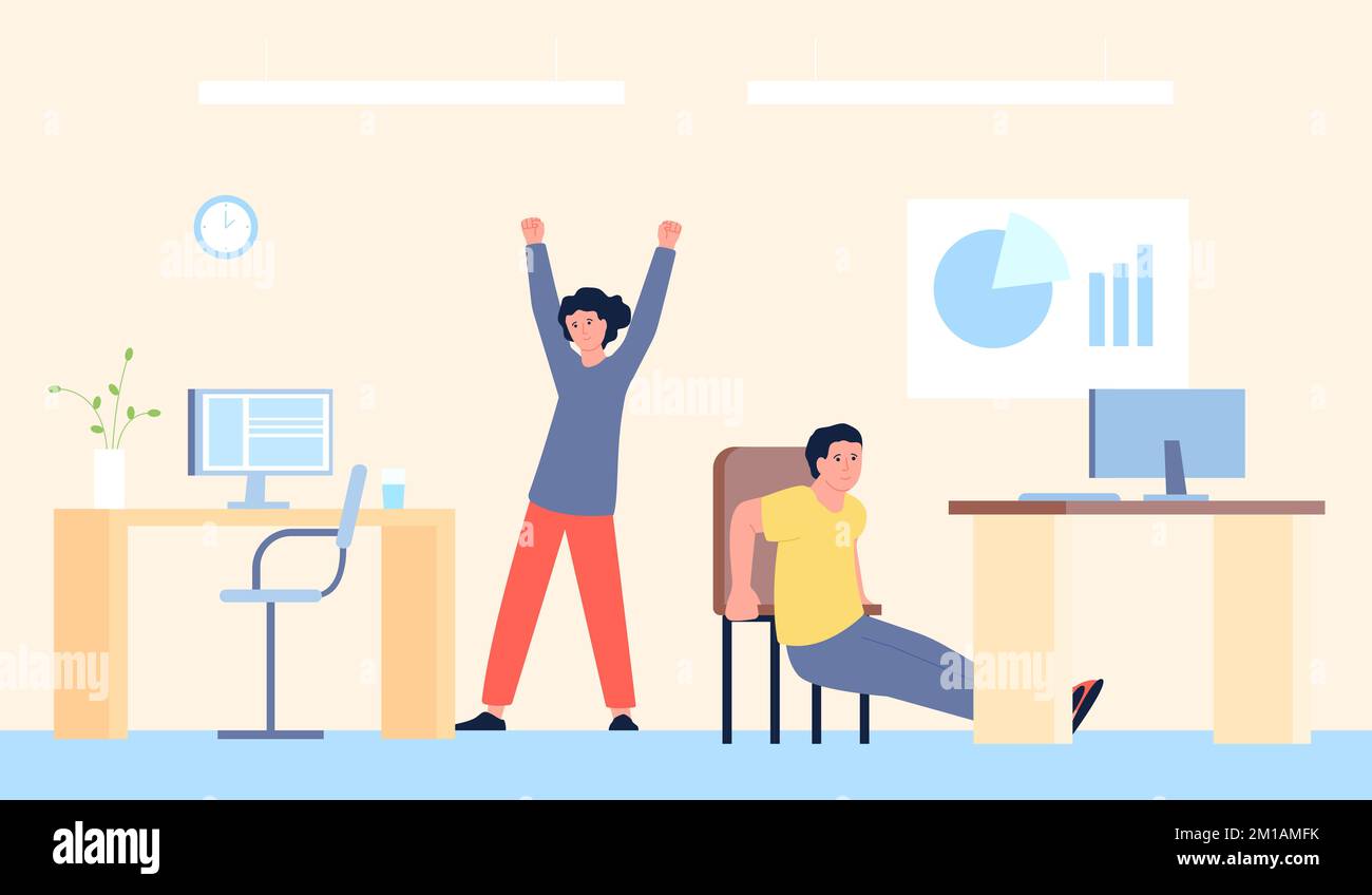 People doing exercises in office. Sport training on workplace, office ...
