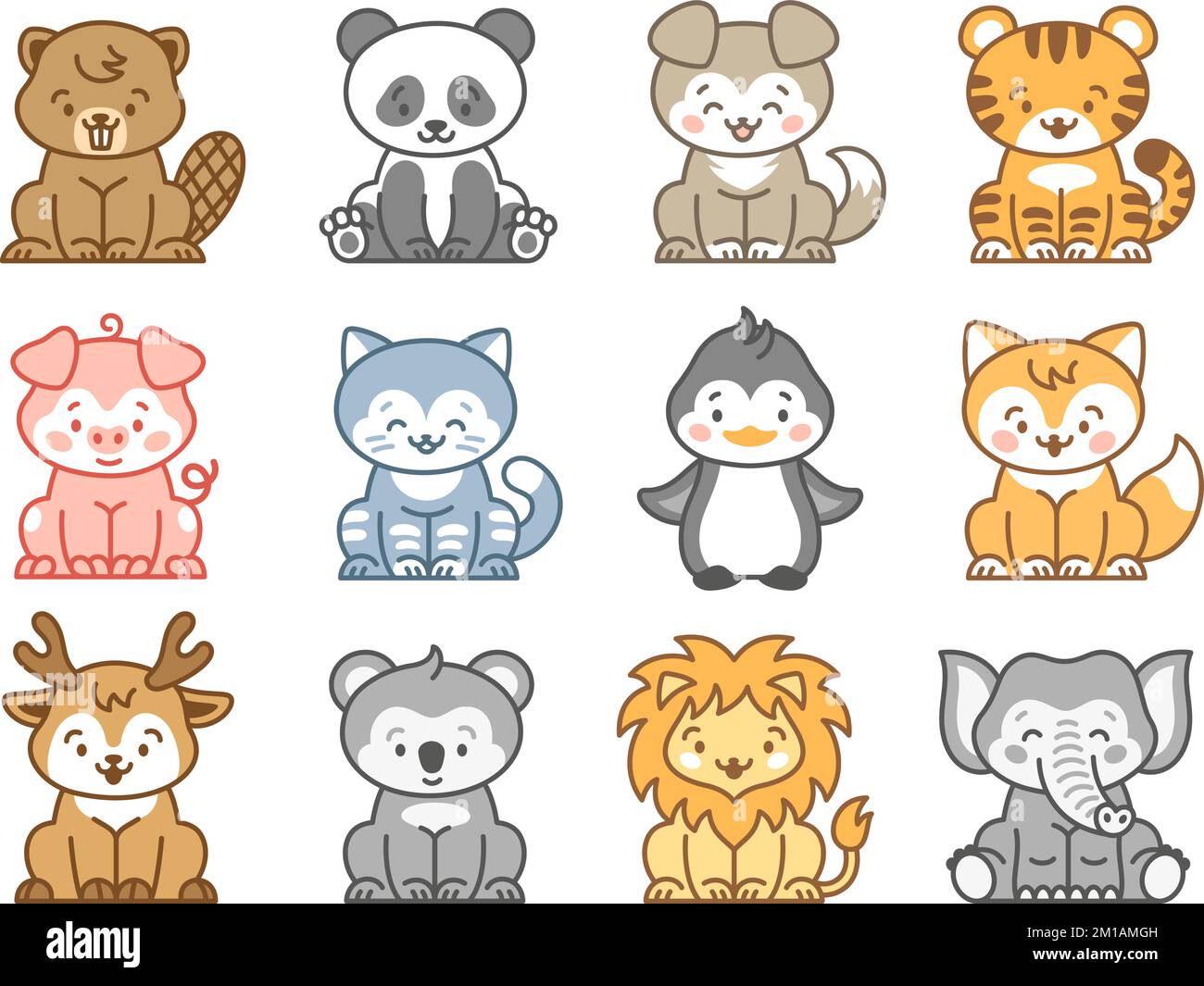 Kawaii zoo animals. Isolated lion, cartoon cat and puppy. Pastel ...
