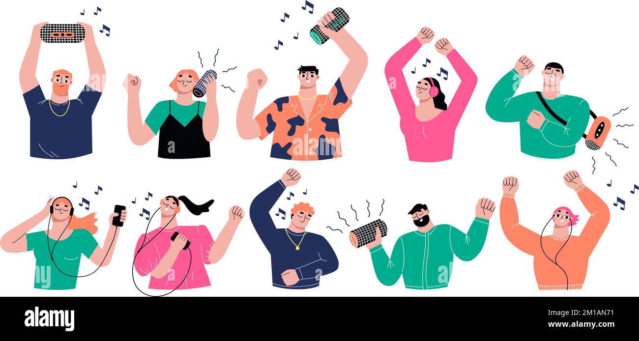 People in headphones listen music. Teenager sound in mobile, young girl ...