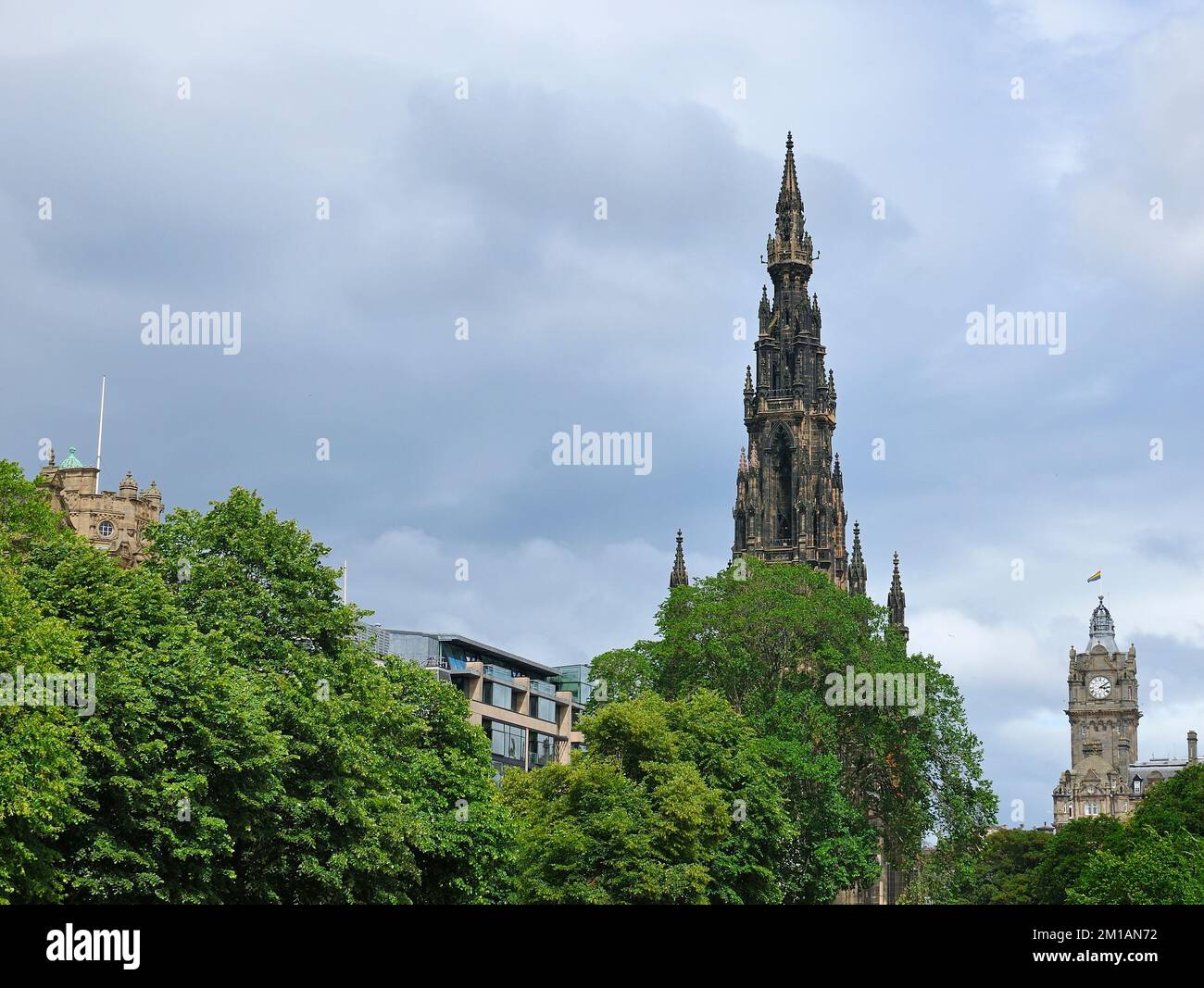 A wide view of the top of the Scott monument, Edinburgh with the ...