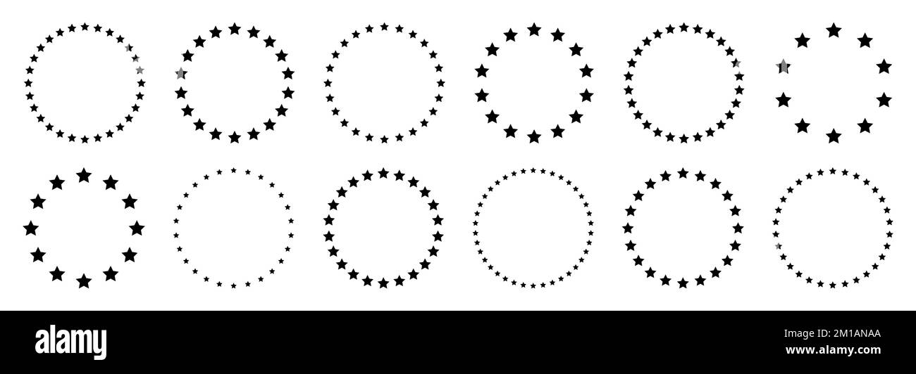 Stars of various sizes arranged in a circle. Round frame, border. Black ...