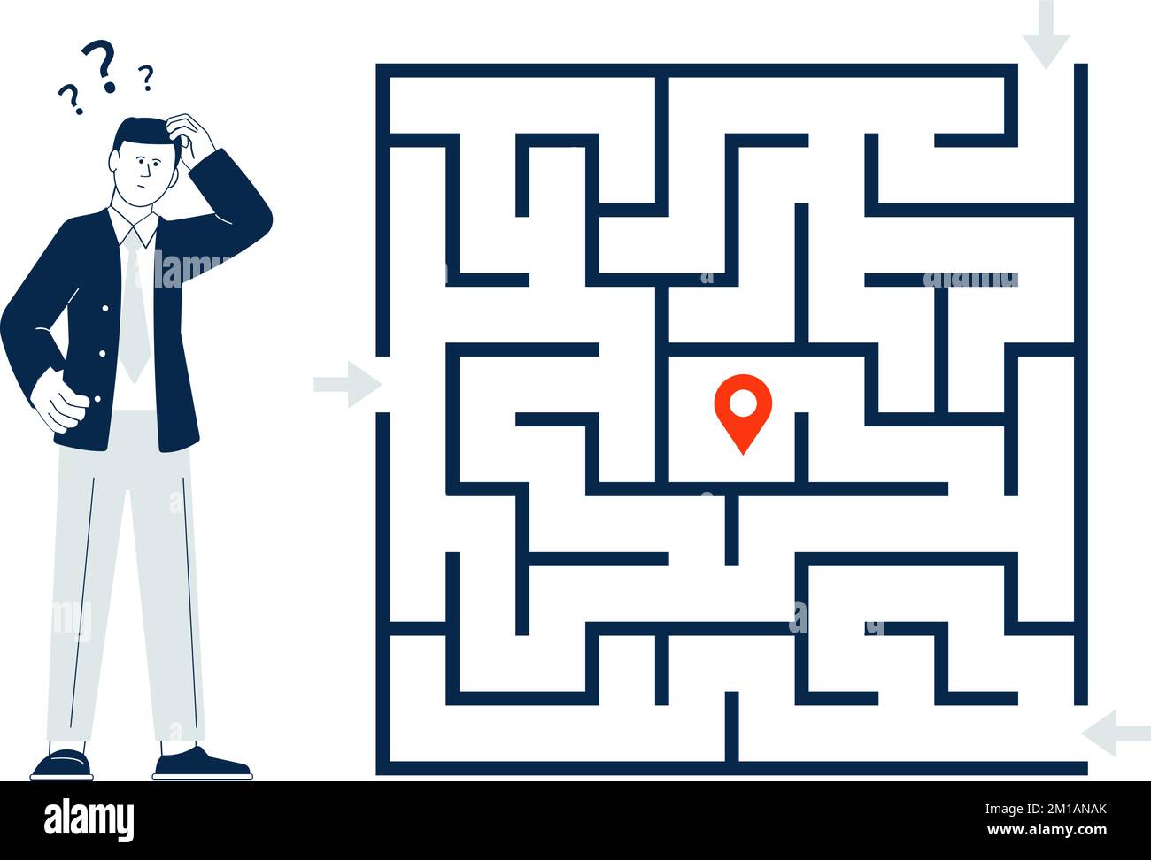 Businessman solves problem. Thoughtful man and complex labyrinth, search for solutions. Student ...