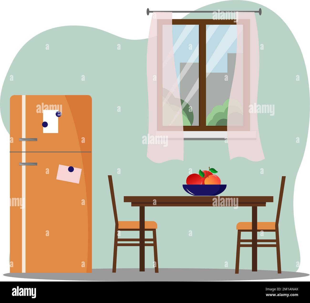 Kitchen interior, refrigerator, table and chairs, window with curtains ...