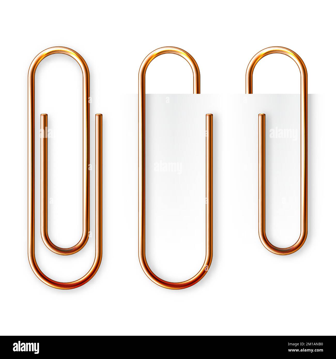 Realistic copper paperclip attached to paper isolated on white ...