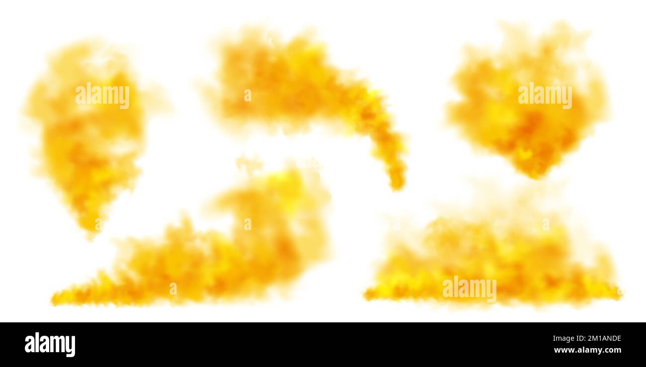 Yellow colorful smoke clouds isolated on white background, realistic ...