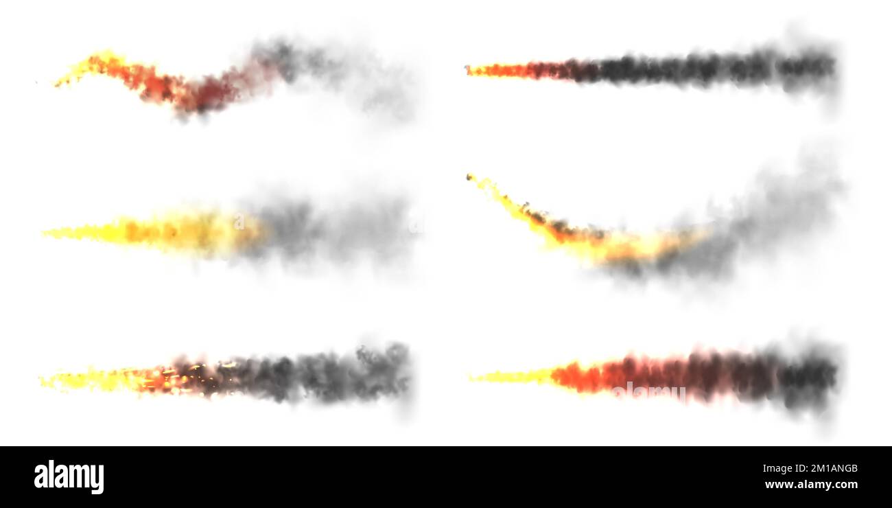 Realistic black smoke with fire, space rocket launch trails. Fire burst ...