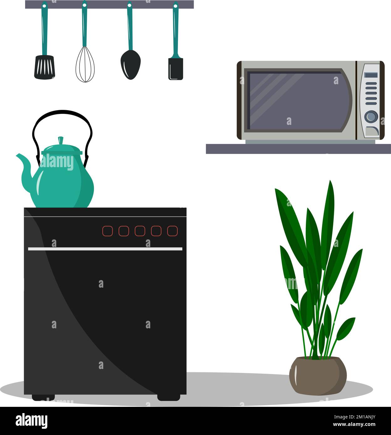 Cooker, kettle, microwave and cooking utensils. Vector illustration ...