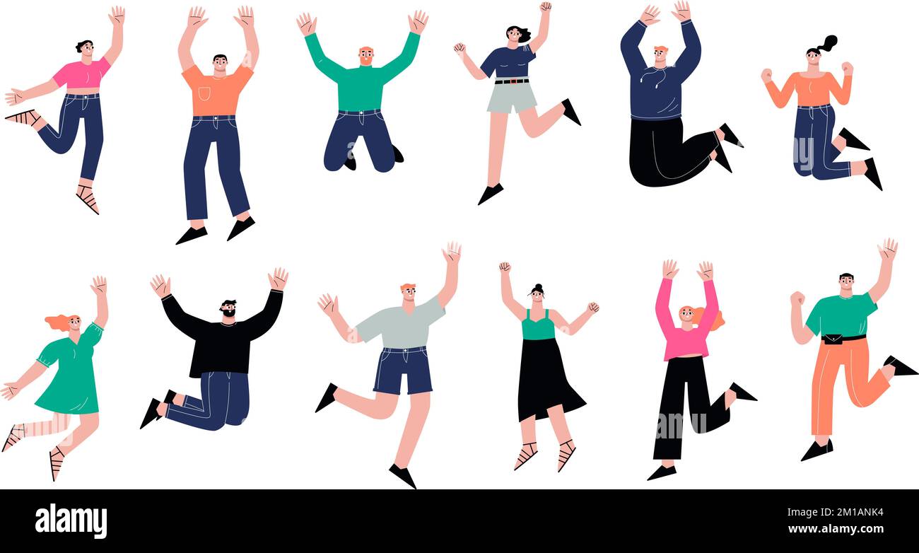 Happy jumping flat people. Human flying various poses, smile and cheer ...