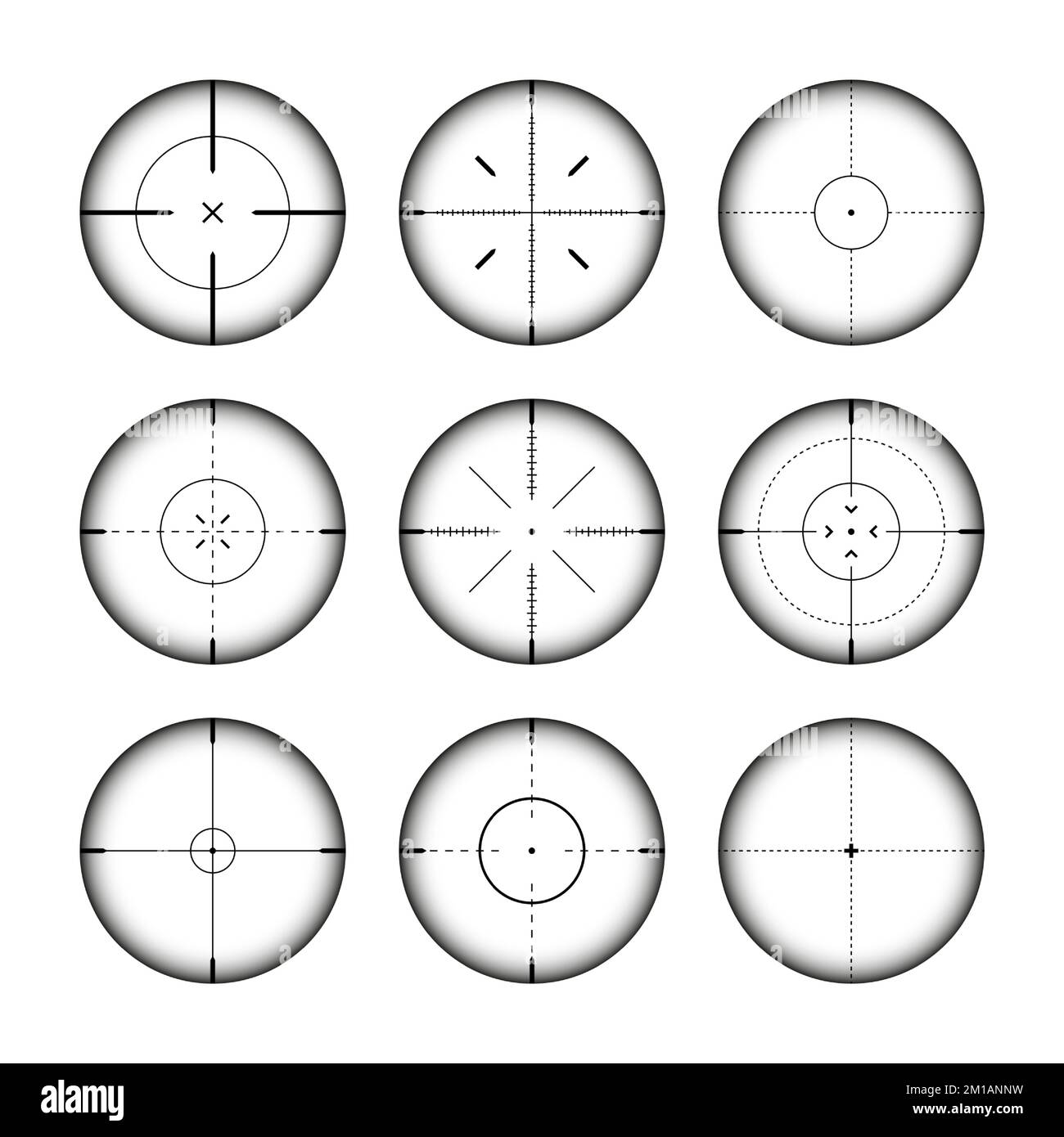 Various weapon sights, sniper rifle optical scopes. Hunting gun ...