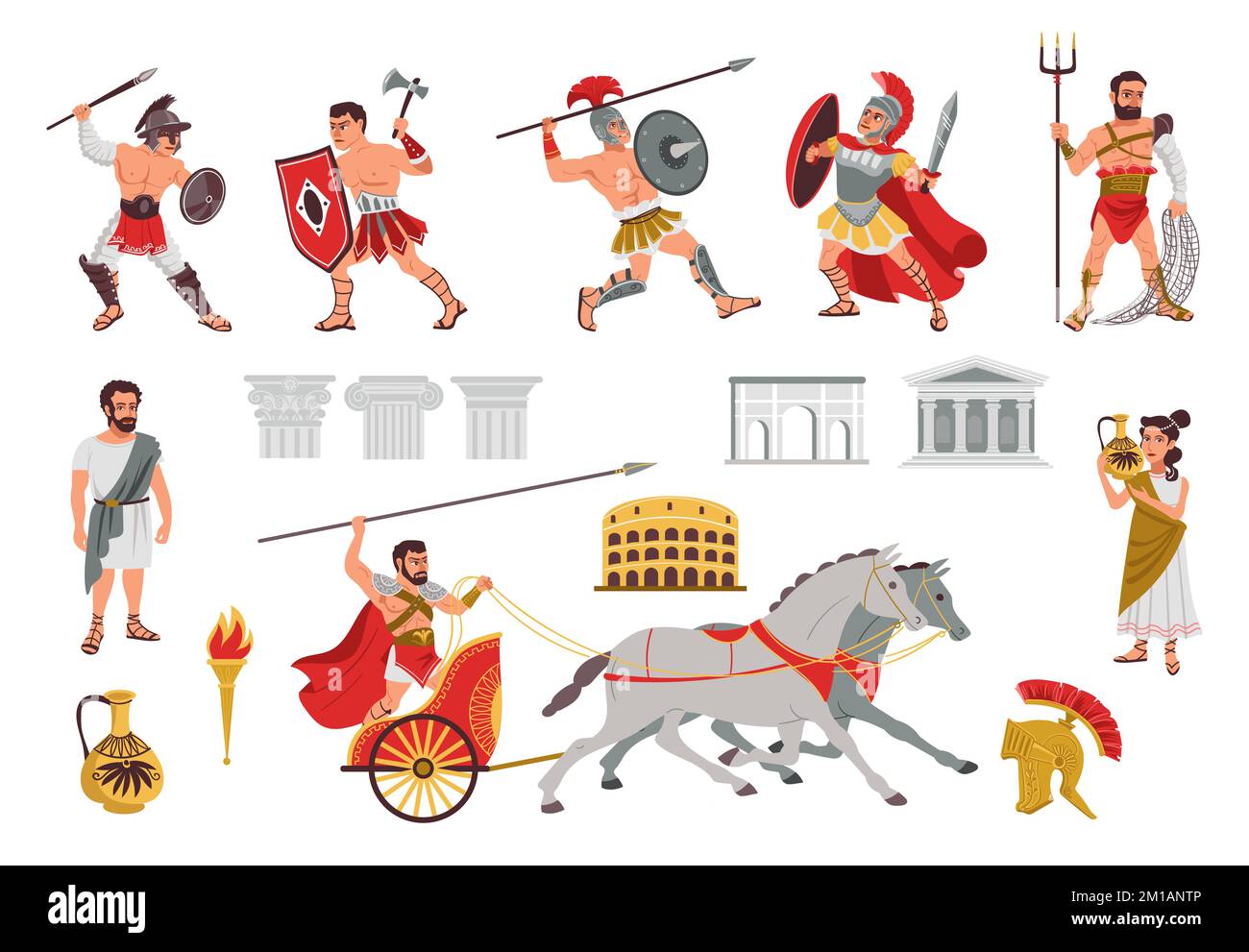 Ancient Rome objects and warriors. Cartoon gladiator characters. Greek ...