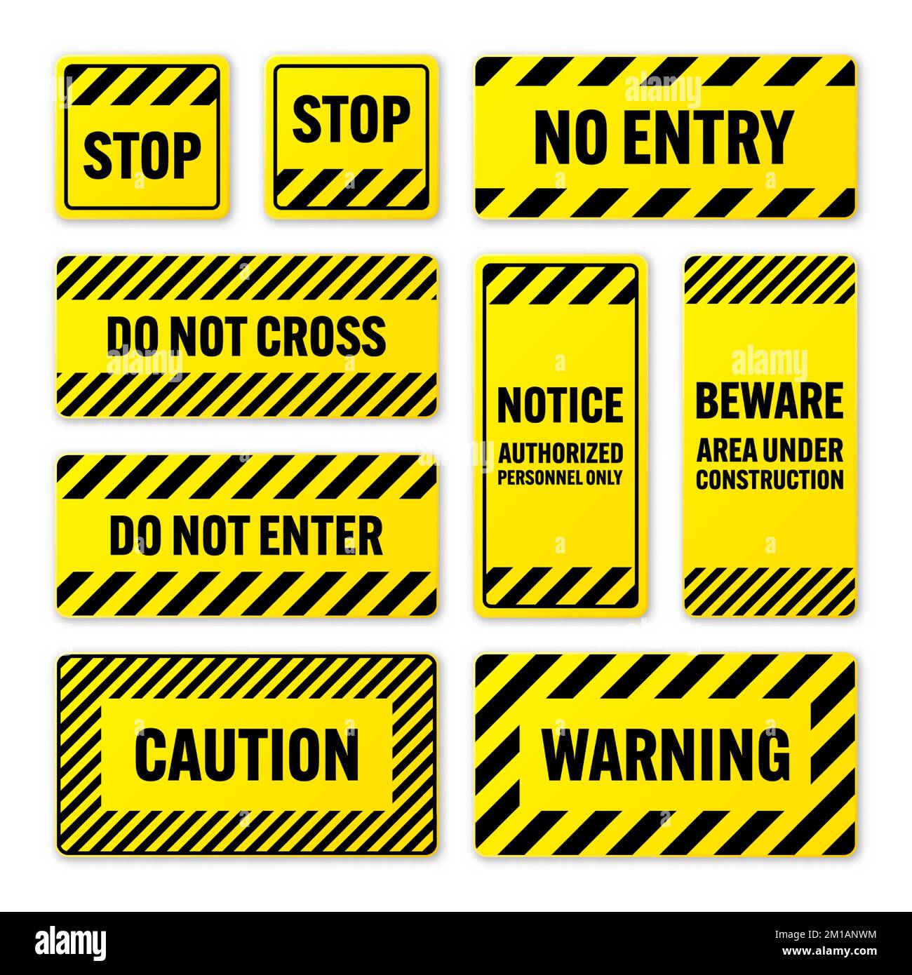 Various black and yellow warning signs with diagonal lines. Attention ...