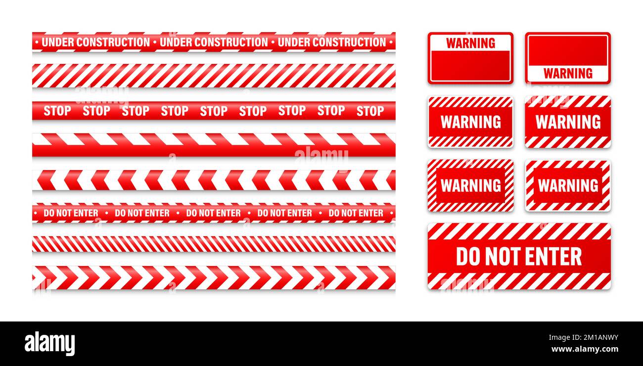 Various barricade construction tapes and warning shields. Red police ...