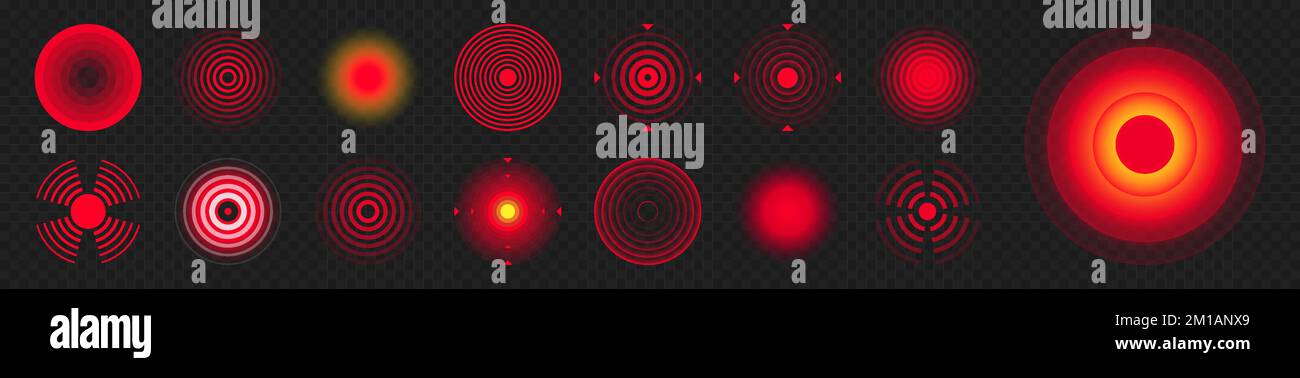Pain localization marks. Painful area, aching spot. Red circles ...