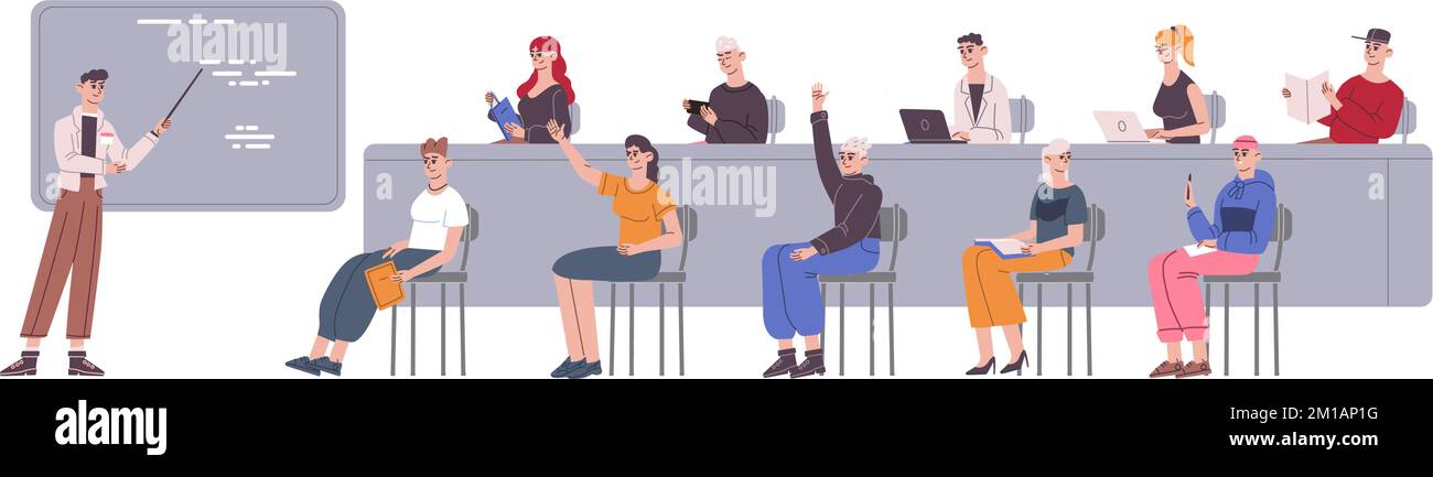 Students auditorium. Teenager in university lesson, college lecture hall or school exam ...