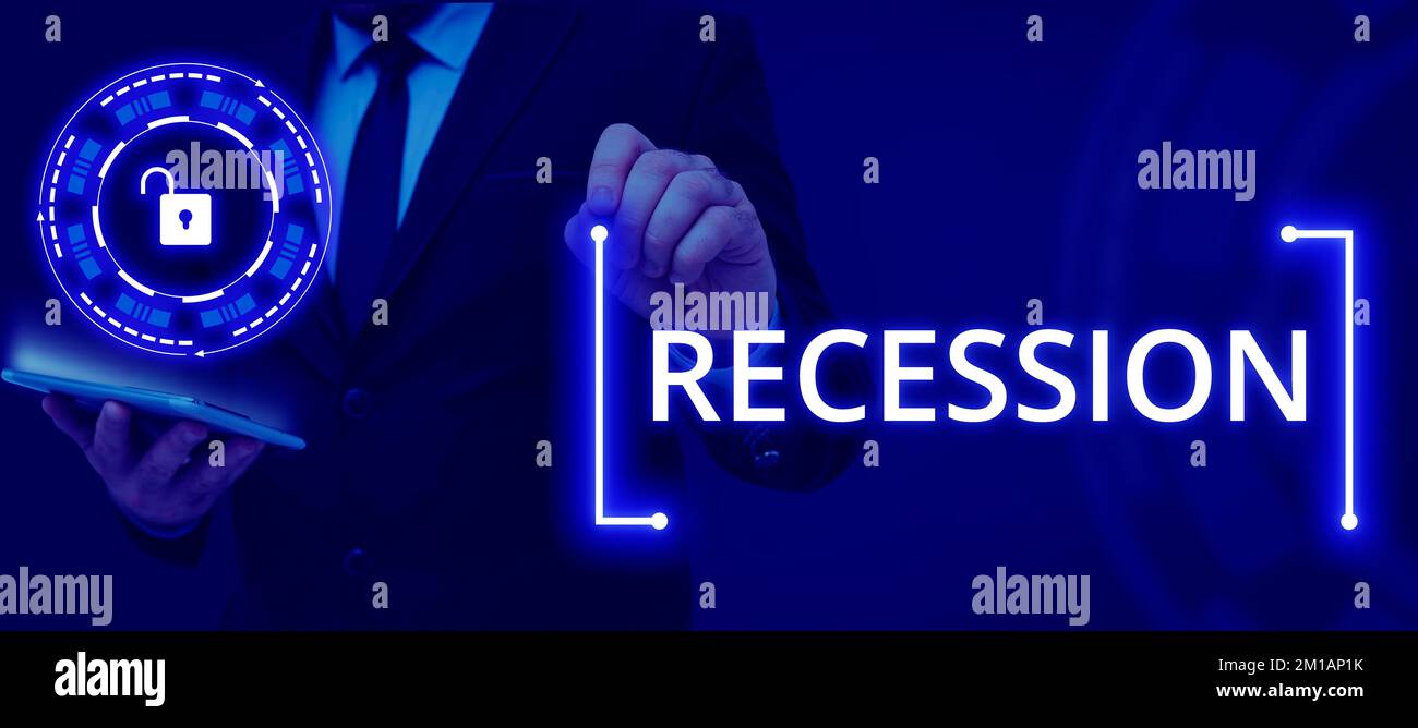 Writing displaying text Recession. Business idea the process of progressive decrease in growing ...