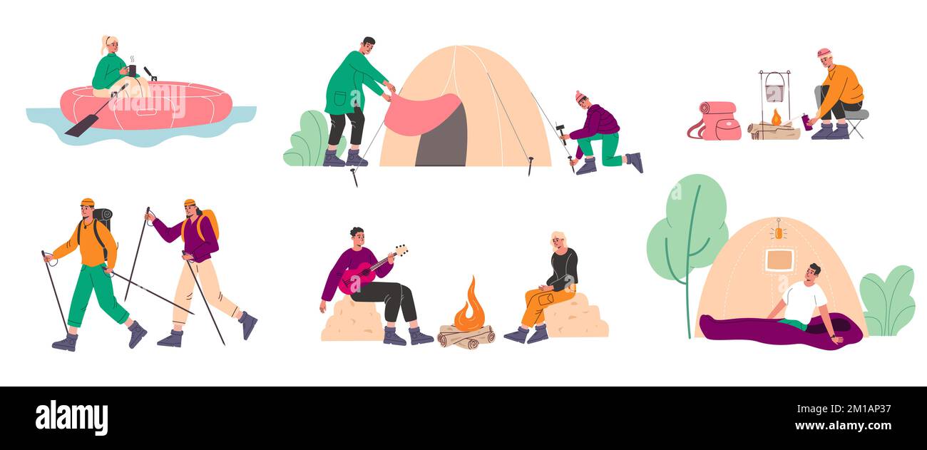 Cartoon hiking characters. Adventurers people. Outdoor activities ... Cartoon hiking characters. Adventurers people. Outdoor activities ...