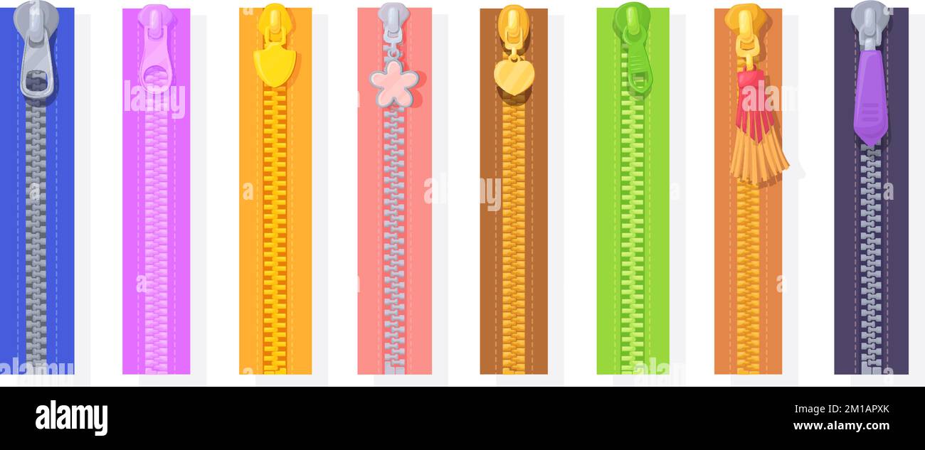 Colored zippers. Cartoon colorful zipper, silver metallic blue yellow ... Colored zippers. Cartoon colorful zipper, silver metallic blue yellow ...