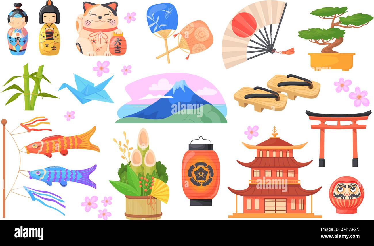 Japanese travel elements. Japan country traditional culture symbols ...