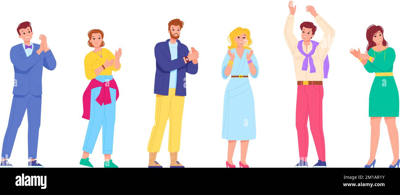 People ovation. Man compliment gesture, happy woman clapping person recognition gesture ...