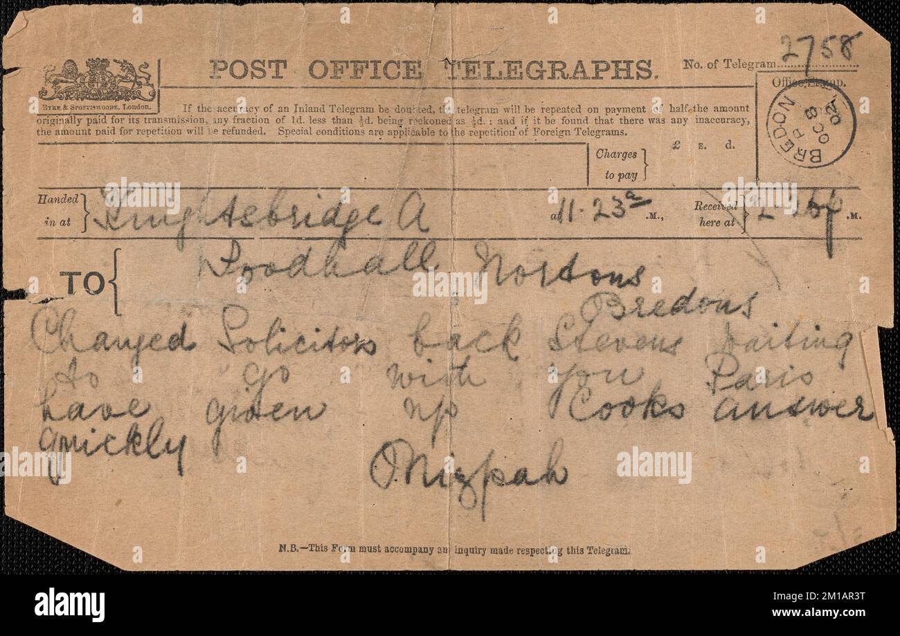 [Victoria Woodhull Martin] telegram to [Zula Maud Woodhull ...