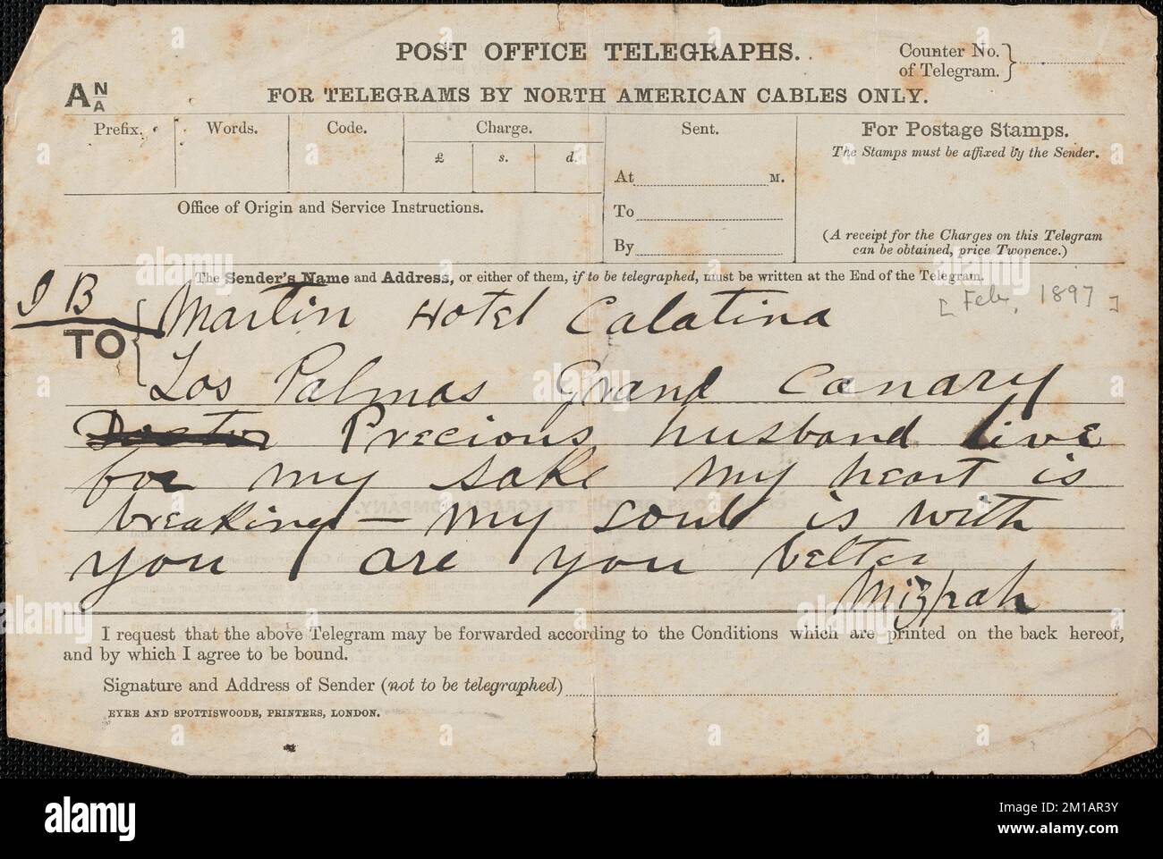 [Victoria Woodhull Martin] telegram to [John Biddulph Martin, London ...