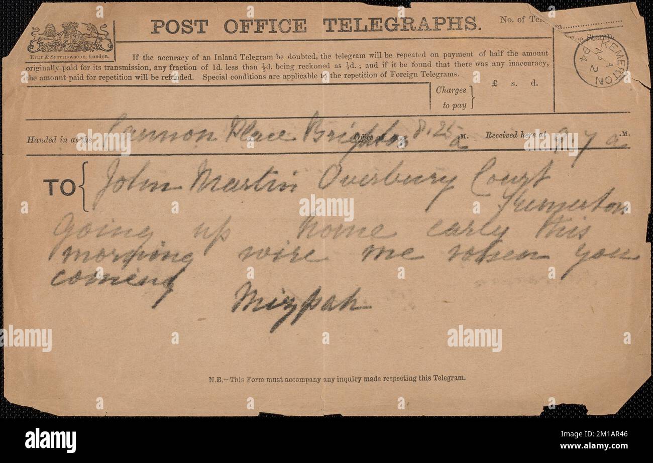 [Victoria Woodhull Martin] telegram to [John Biddulph Martin], Brighton ...