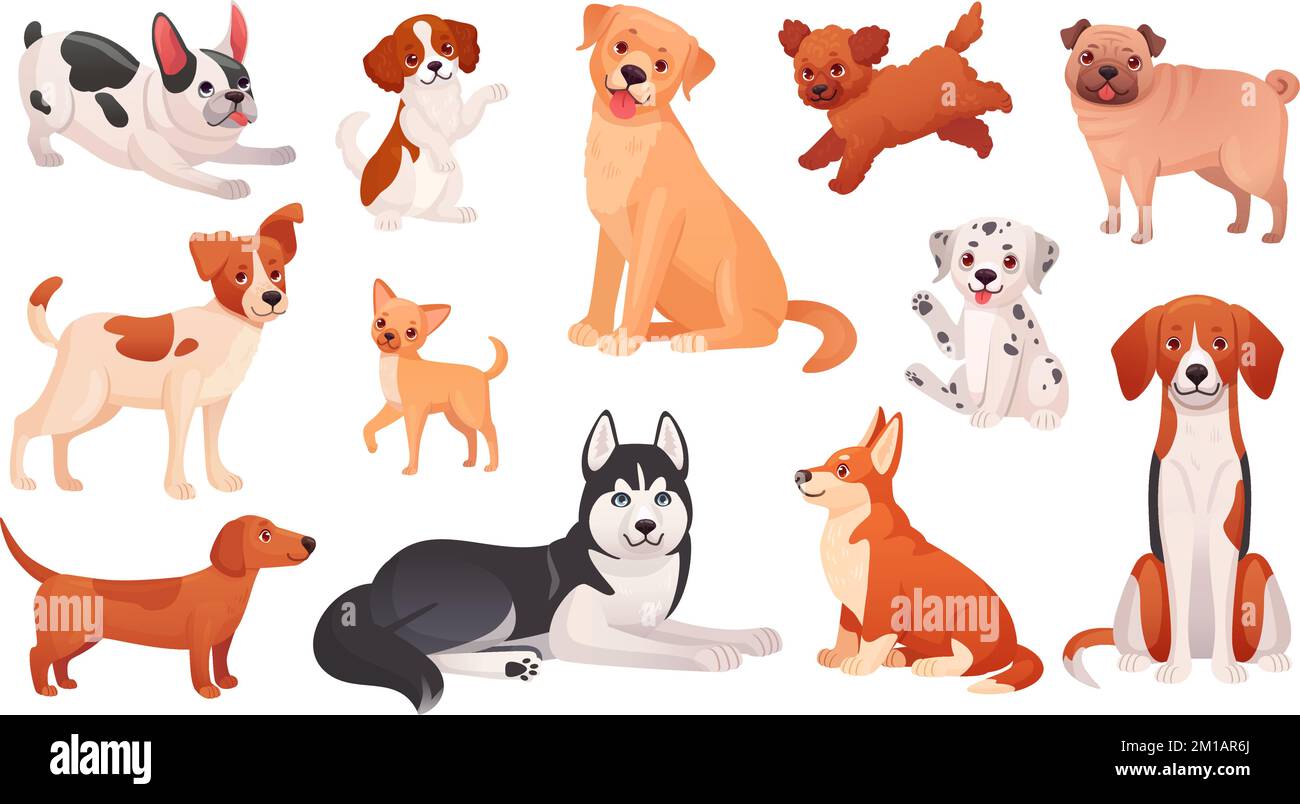 Different breeds dogs. Cartoon playful dog or puppy pet, pedigree ...