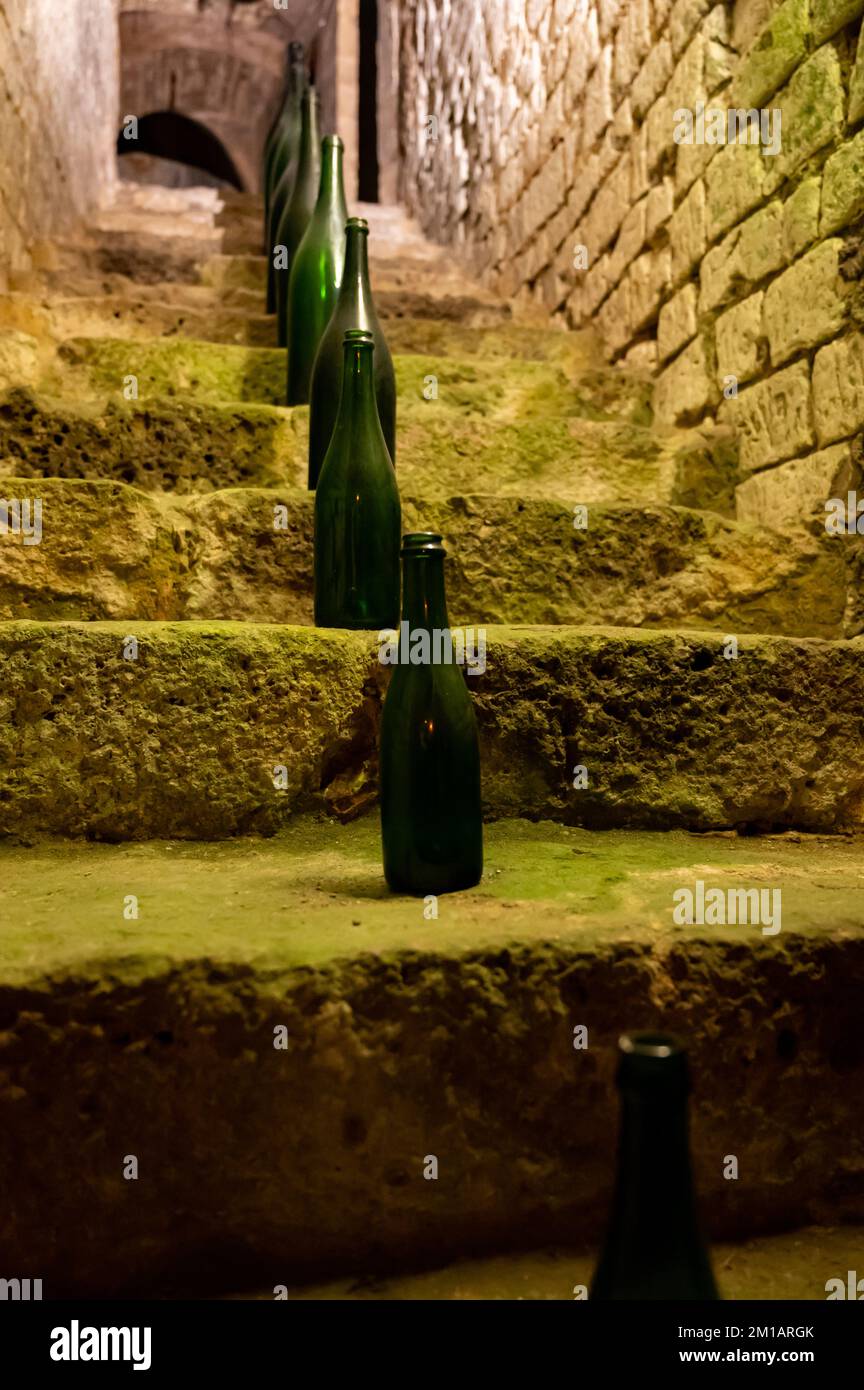 Collection of different sizes of champagne bottles is caves, making ...
