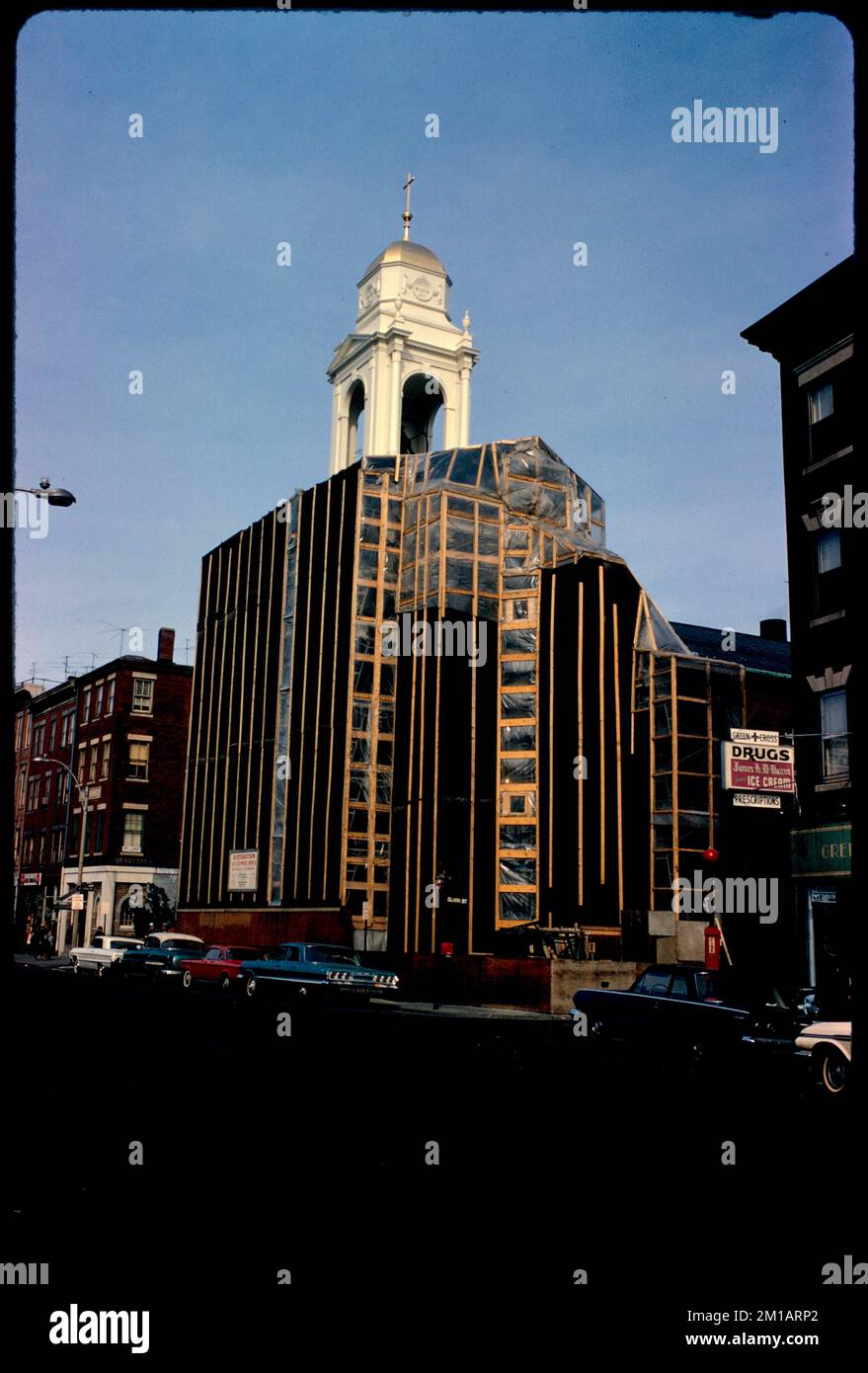 View across street of St. Stephen's Church under restoration, Boston , Churches, Scaffolding ...