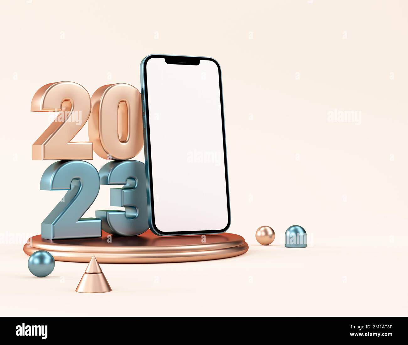 2023 new year mobile phone blank screen mockup with metallic numbers in ...