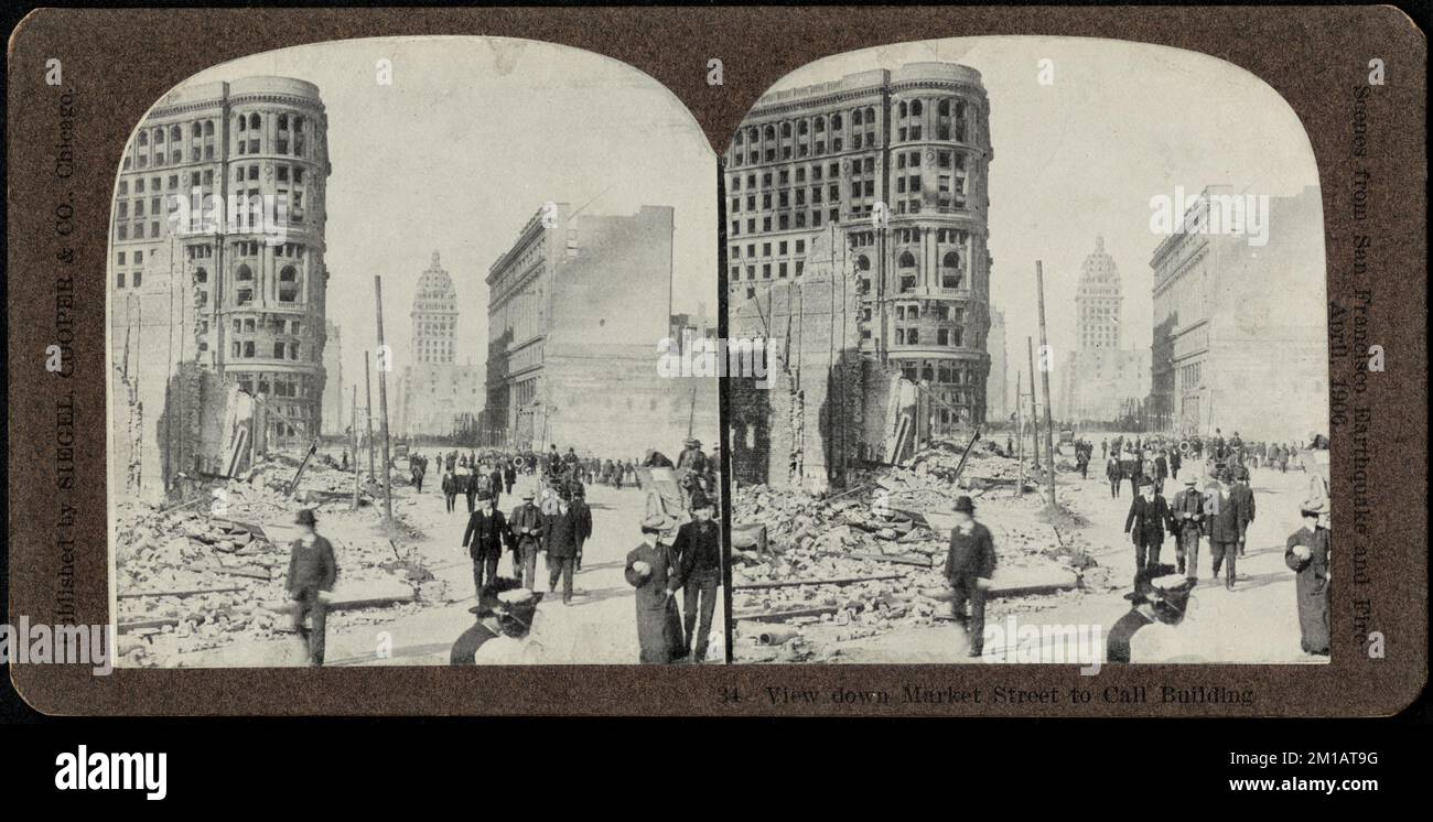 View down Market Street to Call Building , Debris, Earthquakes ...