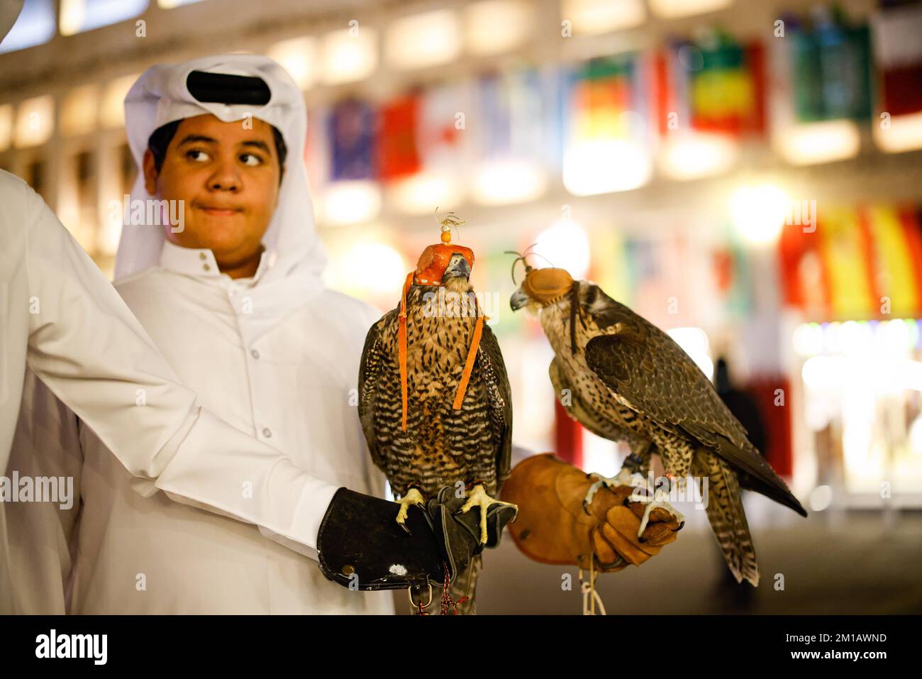 Doha, Catar. 11th Dec, 2022. Boys with hawks at Souq Waqif market ...
