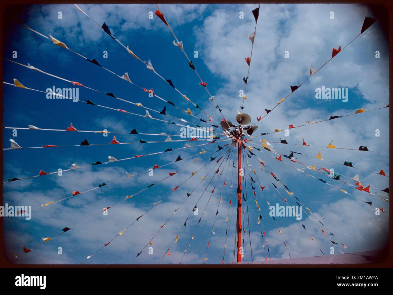 View looking up at pole with radiating lines of pennants, Boston ...