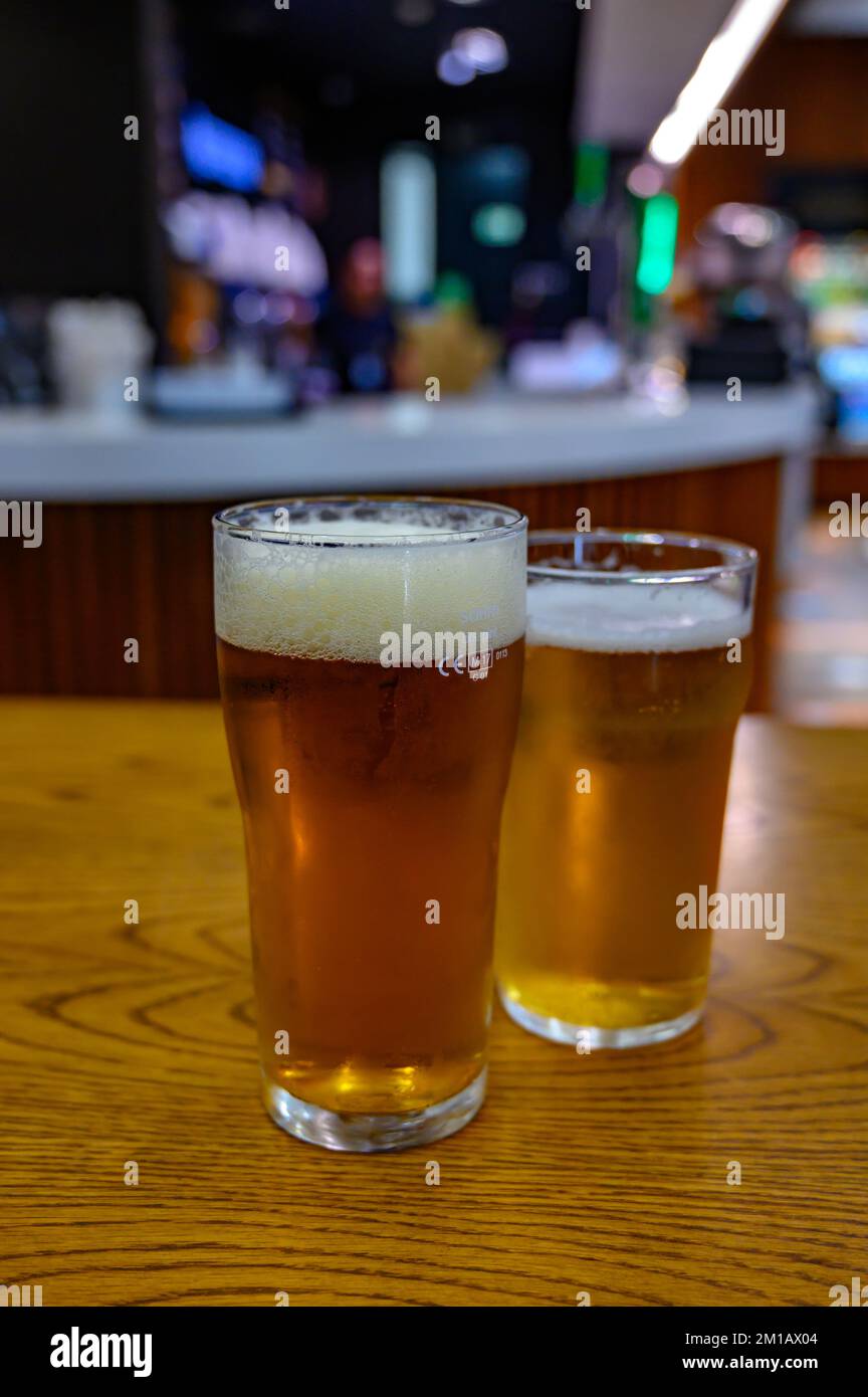 Fresh draught lager or IPA beer is glass served in indoor cafe close up ...