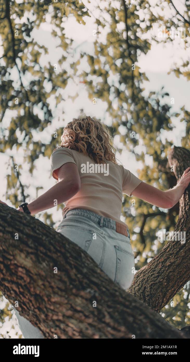 A low-angle shot of a curly blonde girl sitting on a tree trunk Stock ...